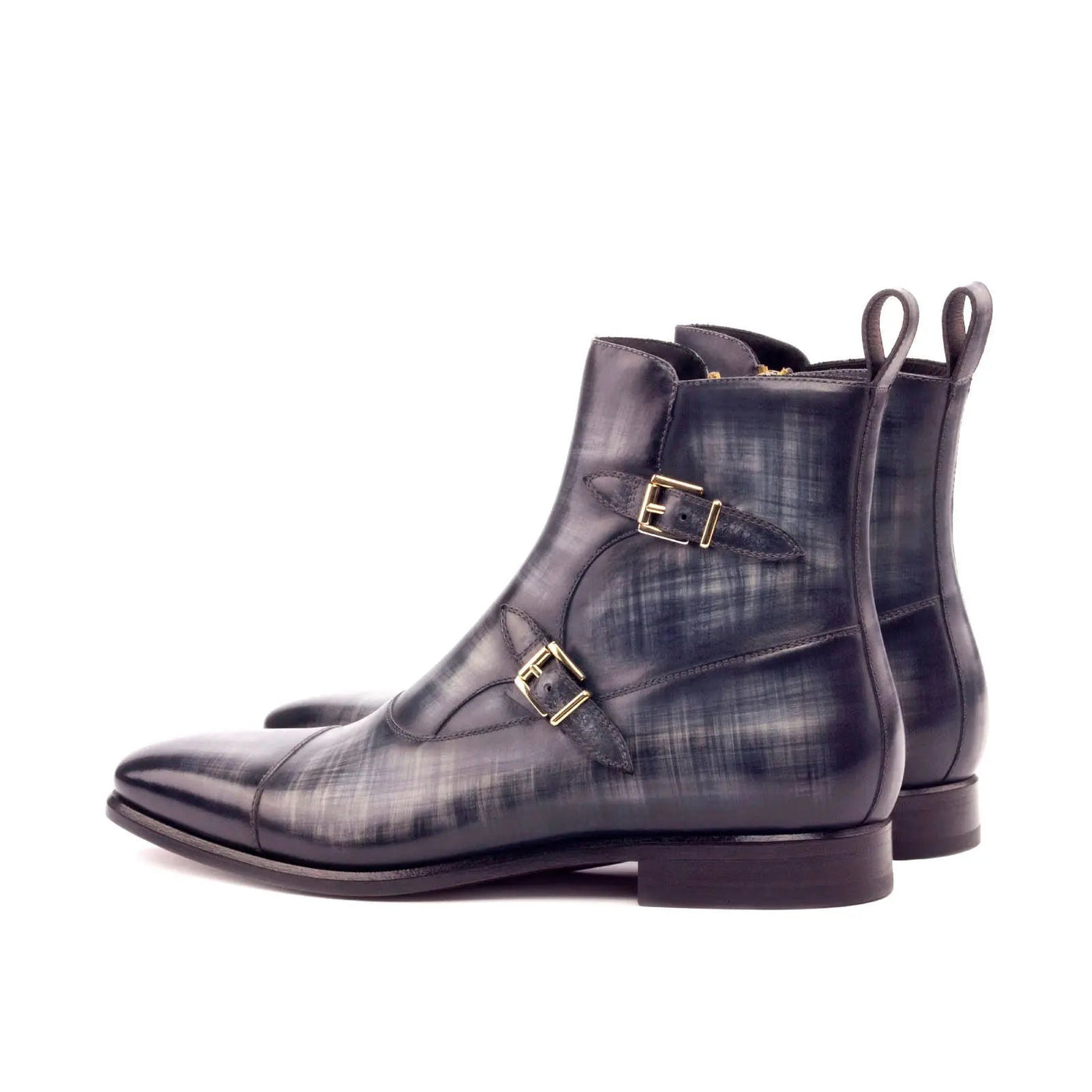 Varium - Red bottoms Grey Hand-Painted Patina Buckle Boots with zipper